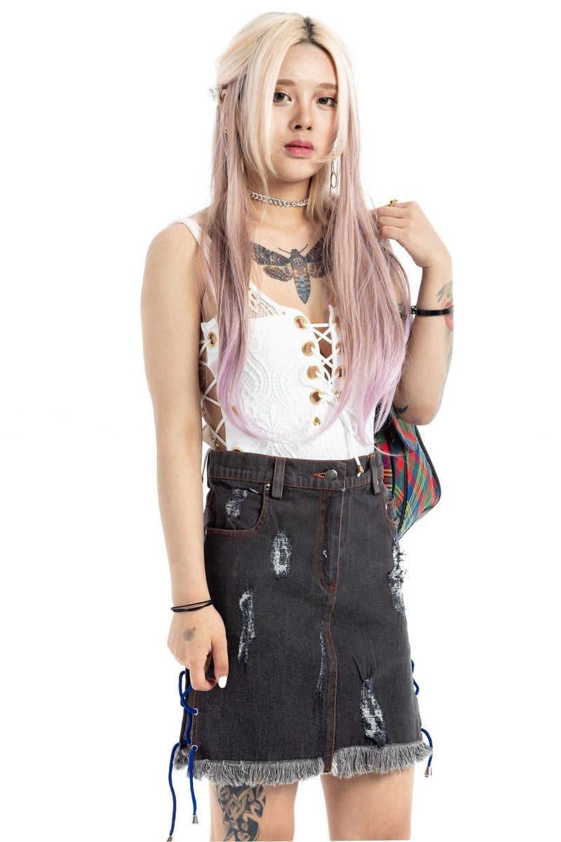 Kilt en jean avec ficelle en dentelle | Kilt Femme – Scottish Kilt